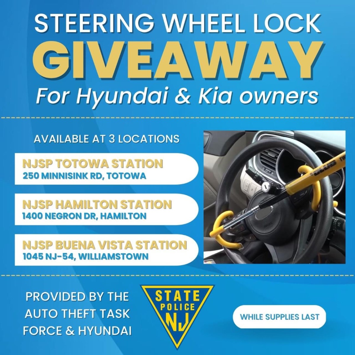 State Police Giving Steering Wheel Locks to Kia and Hyundai Car Owners ...